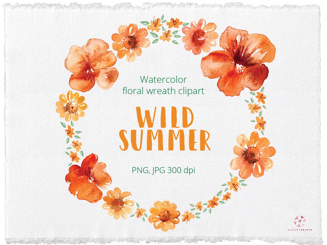 Watercolor Orange Floral Wreath Clipart Watercolour Flowers | Etsy