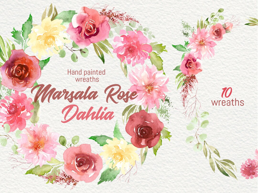 Watercolor Marsala Rose Dahlia Wreath Clipart | Watercolour Bdeep Red ...