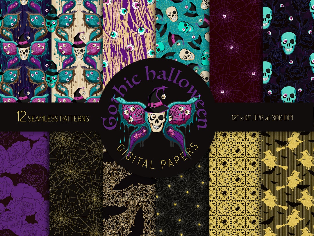 SEAMLESS Halloween Digital Papers, Witch and Skull Gothic Patterns ...