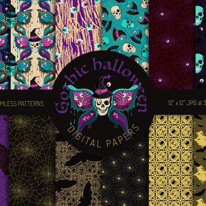 SEAMLESS Halloween Digital Papers, Witch and Skull Gothic Patterns ...