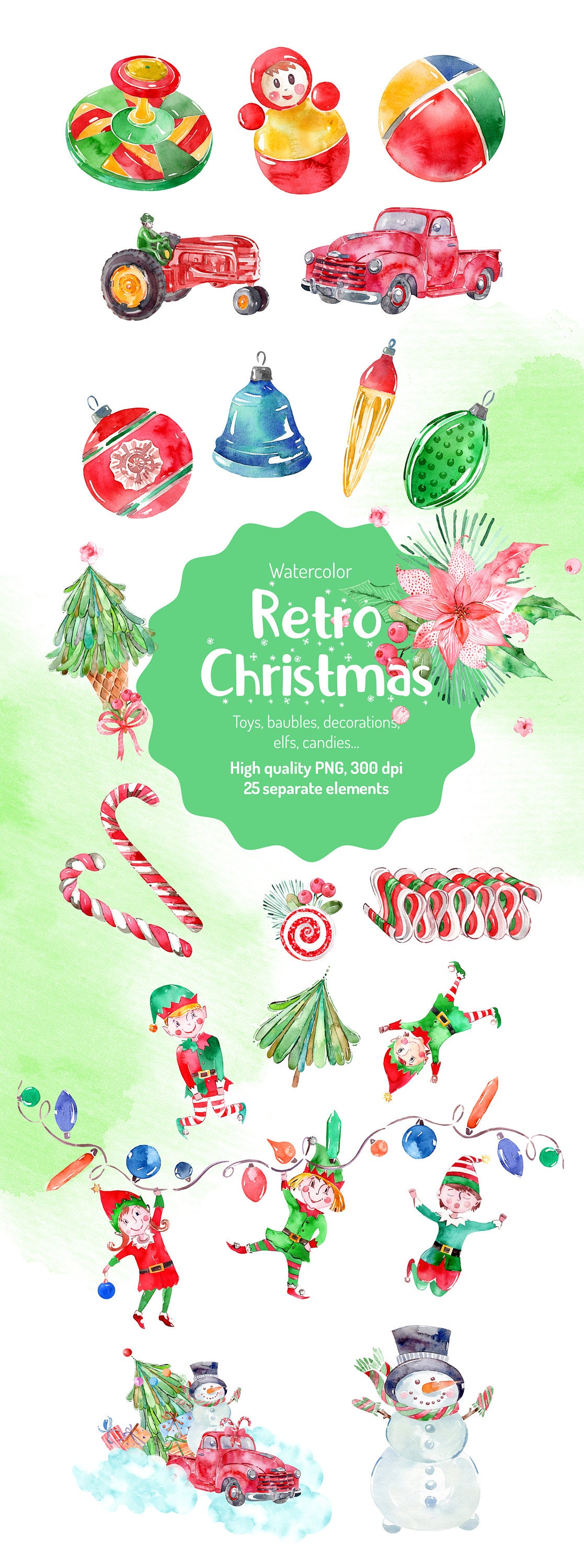Watercolor Retro Christmas Clipart Set | Vintage Toys Clipart | Digital ...