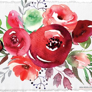 Watercolor Burgundy Floral Clipart Set | Watercolour Deep Red Flowers ...