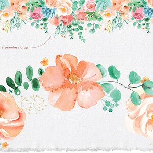 Peach Mint Floral Clipart Set Watercolor Flowers Clip Art | Etsy UK