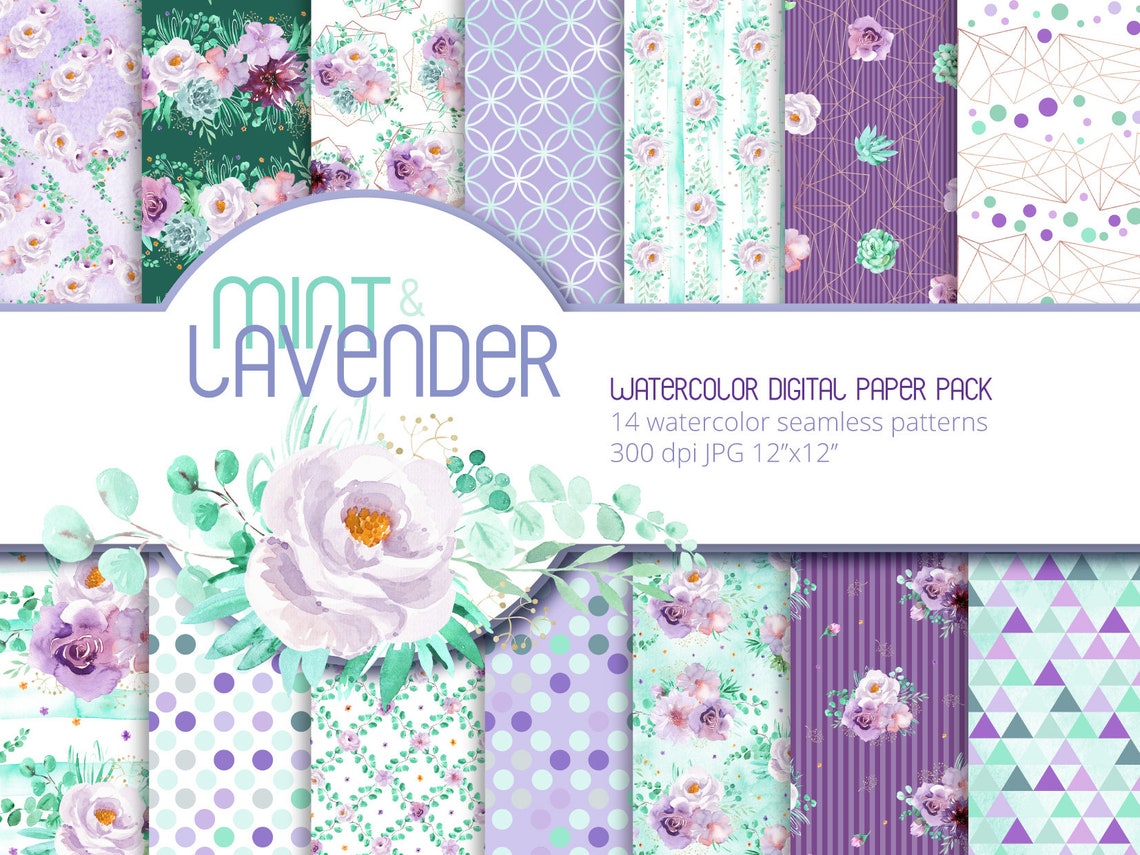 Watercolor Mint Lavender Digital Paper Flowers Seamless - Etsy