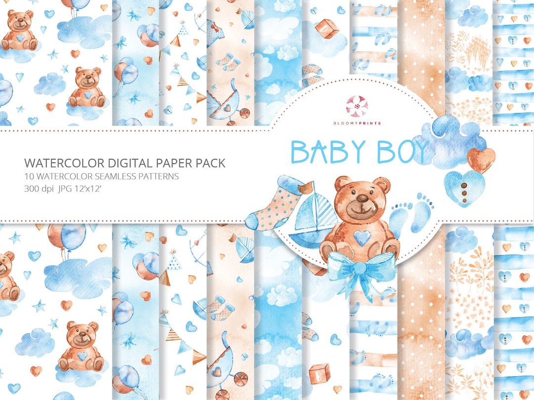 Baby Boy Digital Papers Watercolor Baby Seamless Pattern Hand Drawn ...