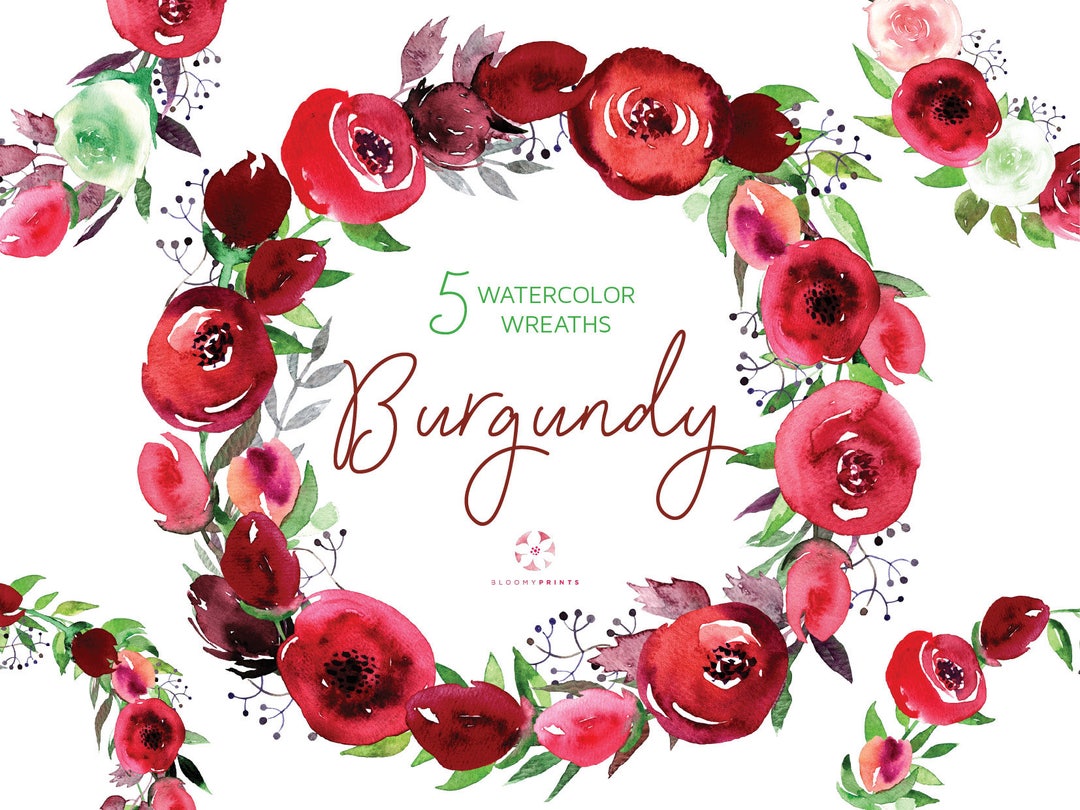 Watercolor Burgundy Wreath Clipart | Watercolour Bordo Roses Wreaths ...
