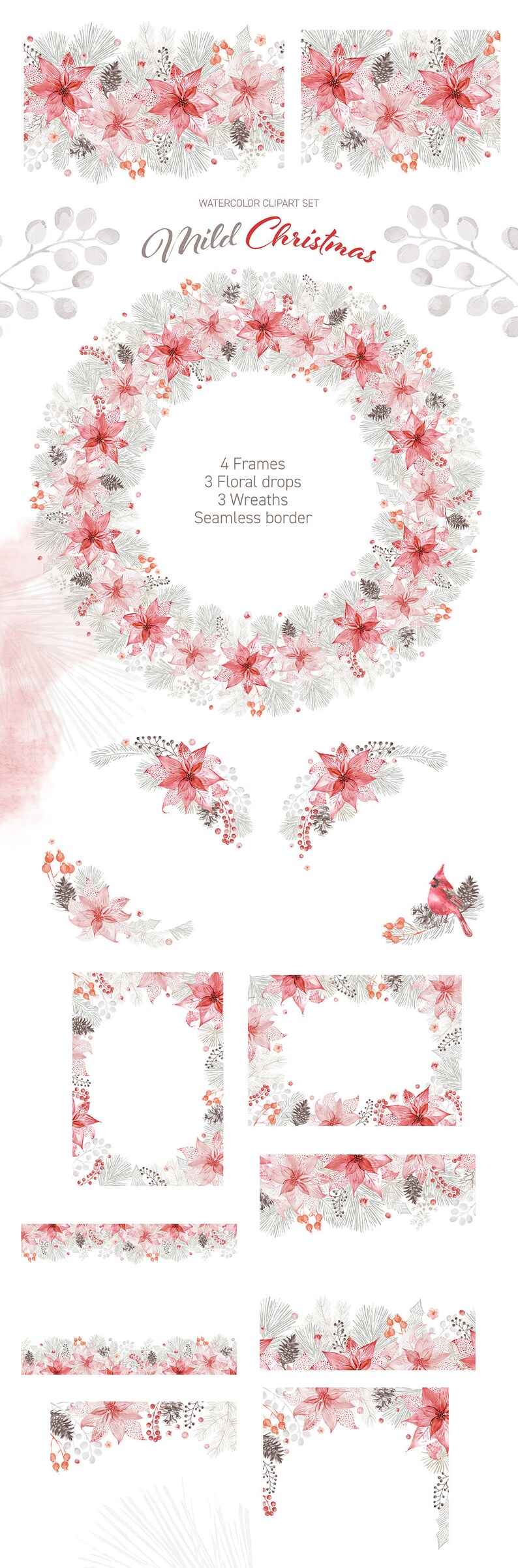 Watercolor Christmas Clipart Set Wreaths Frames Cards | Etsy