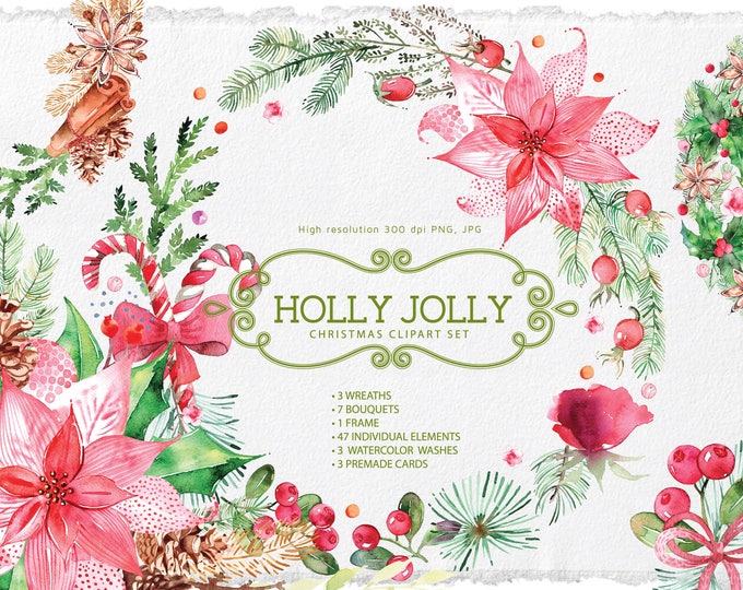 Watercolor Christmas Clipart Set | Wreaths | Bouquets | Cards | Holiday ...