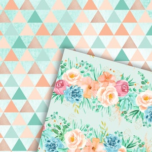 Watercolor Peach Mint Digital Paper Pack Flowers Seamless Patterns ...