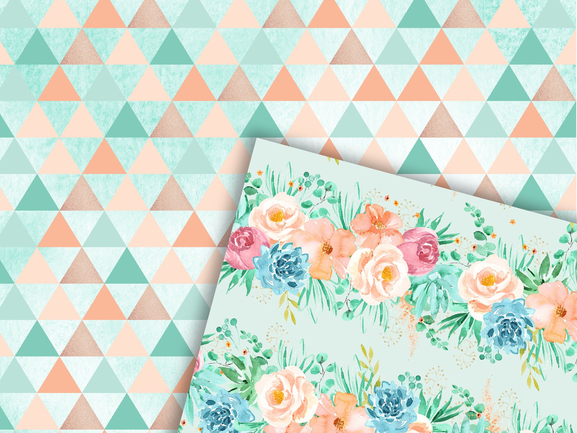 Watercolor Peach Mint Digital Paper Pack Flowers Seamless - Etsy