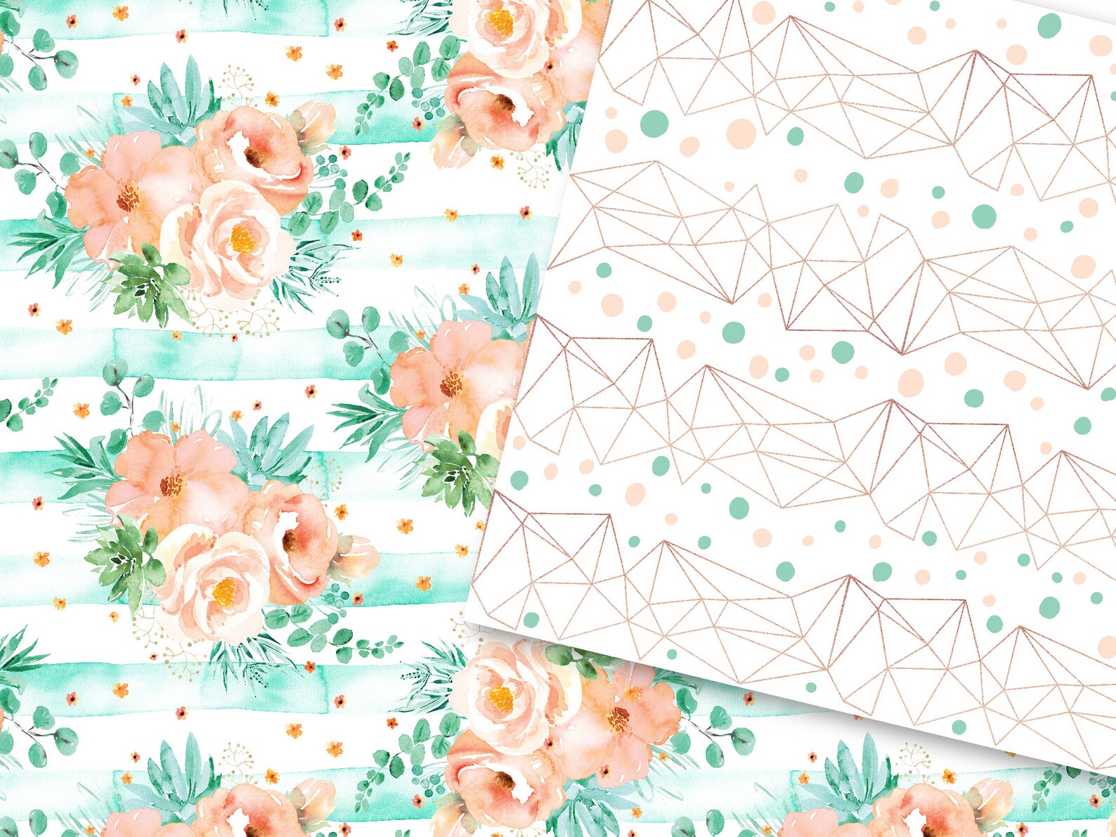 Watercolor Peach Mint Digital Paper Pack Flowers Seamless - Etsy