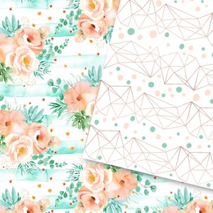 Watercolor Peach Mint Digital Paper Pack Flowers Seamless Patterns ...