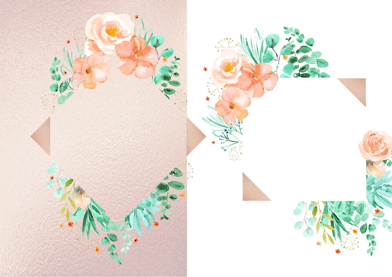 Peach Mint Floral Geometric Frames Premade Clipart Pink - Etsy