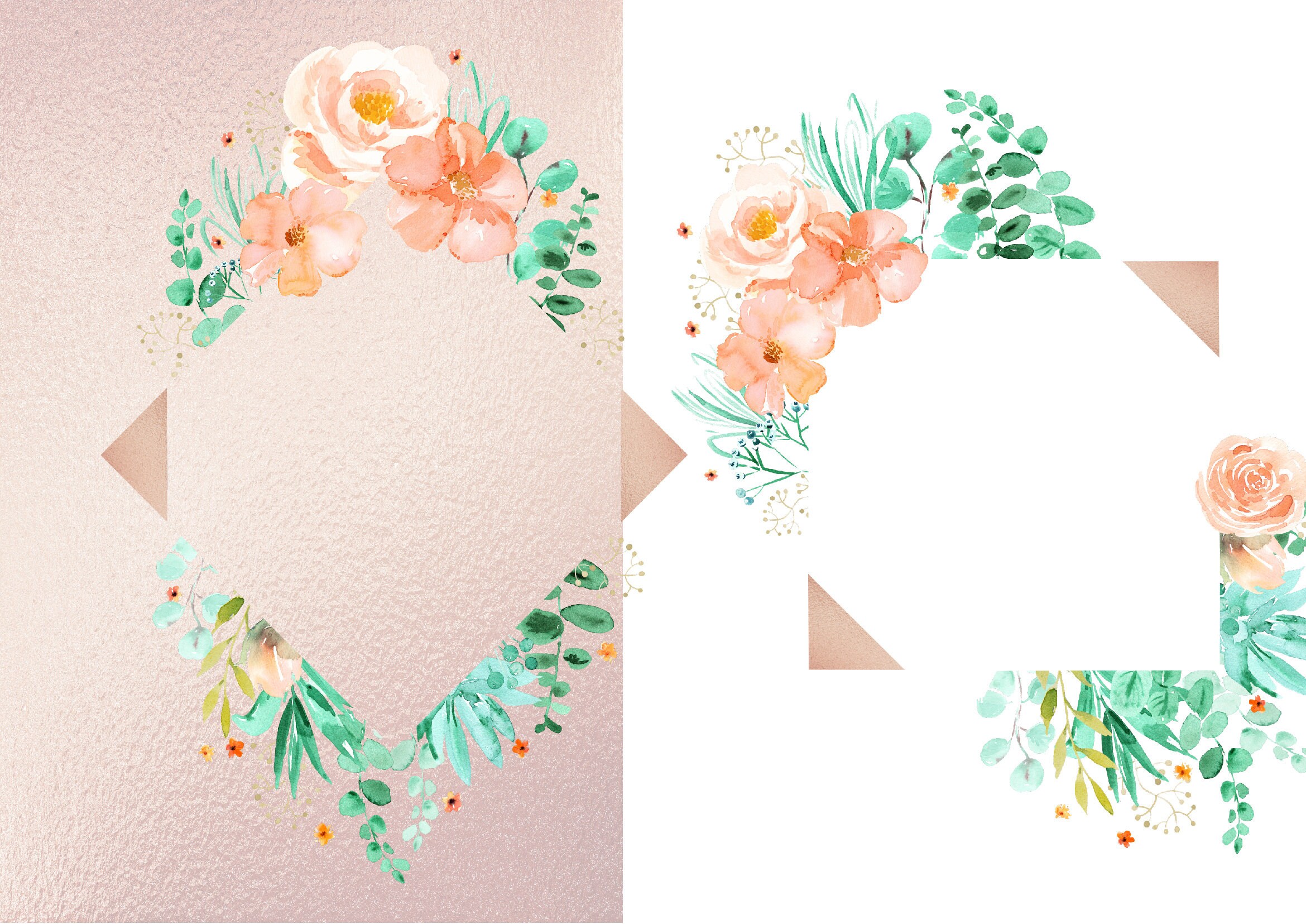Peach Mint Floral Geometric Frames Premade Clipart Pink - Etsy