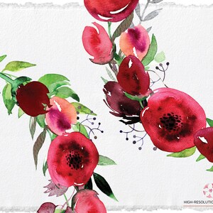 Watercolor Burgundy Floral Clipart Set | Watercolour Deep Red Flowers ...