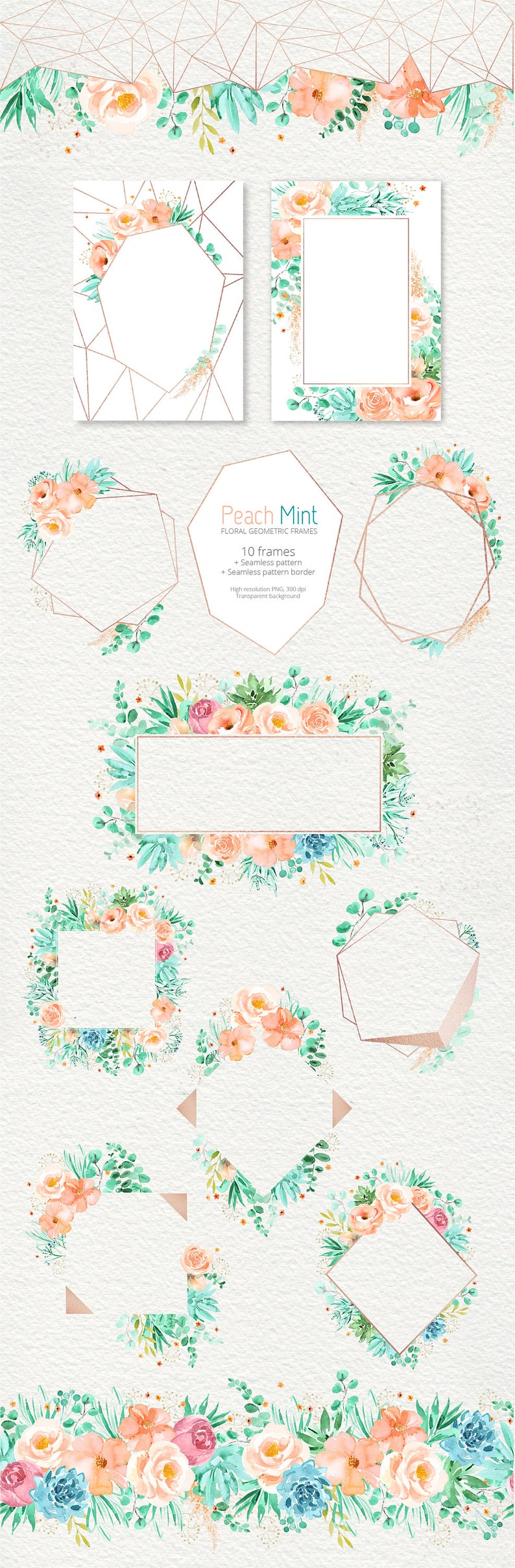 Peach Mint Floral Geometric Frames Premade Clipart Pink - Etsy