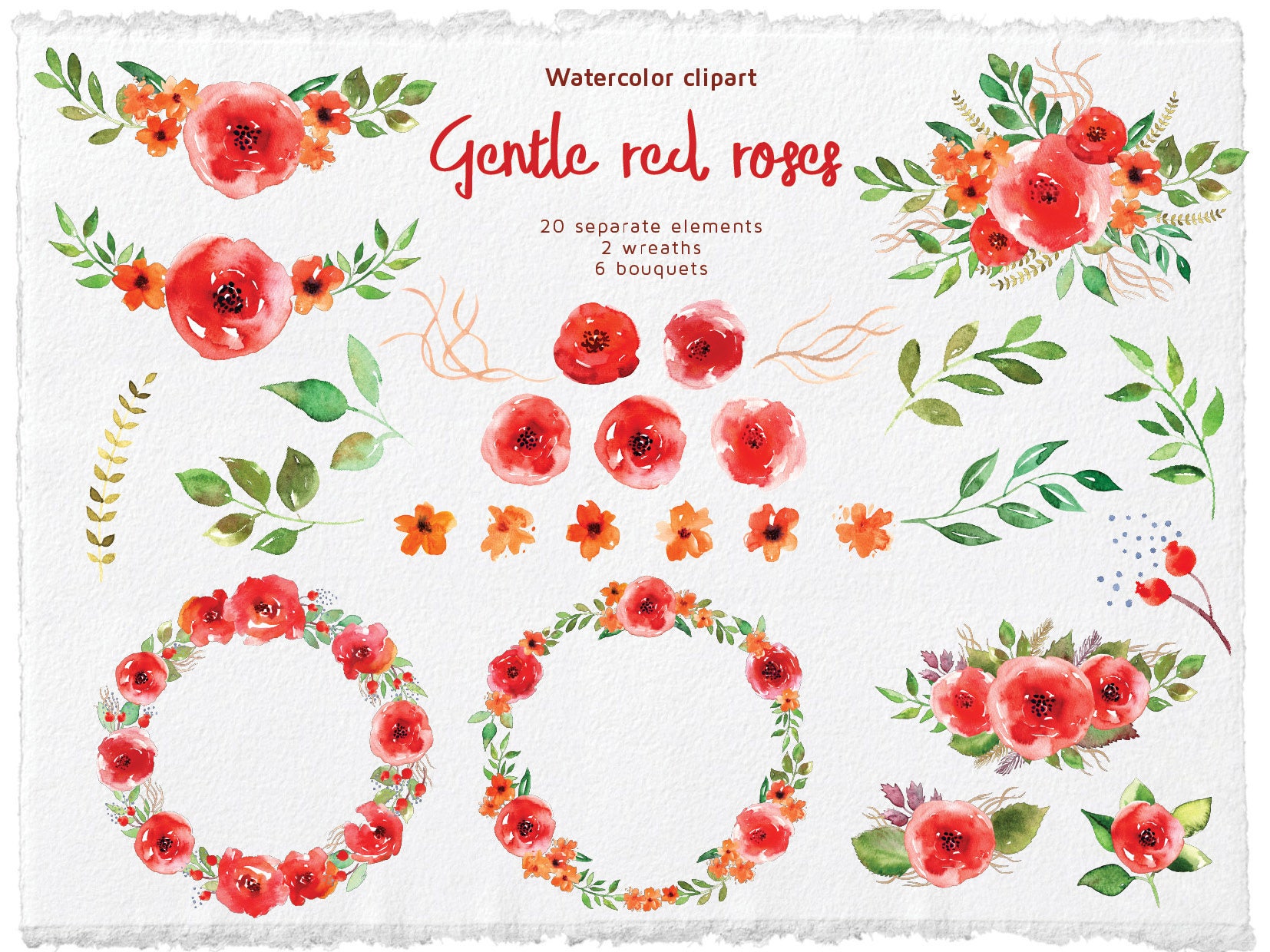 Watercolor Gentle Red Roses Clip Art Set Watercolour Flowers | Etsy