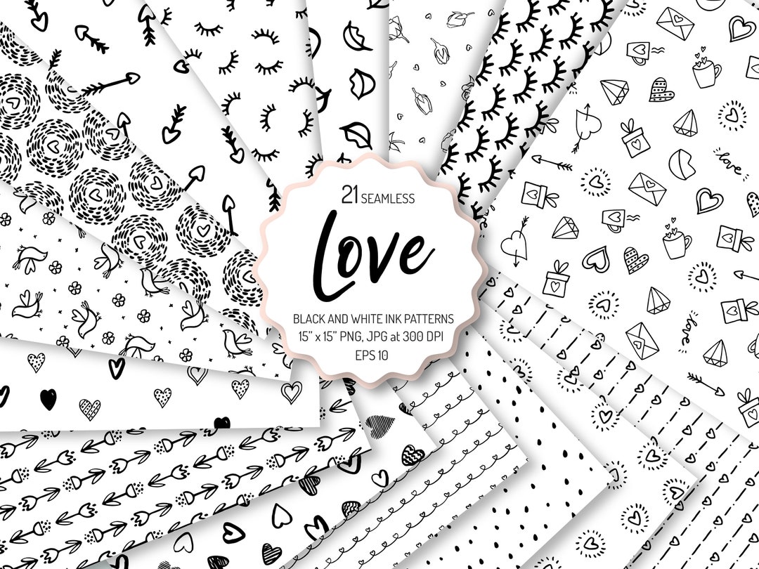 Love Seamless Digital Backgrounds, Valentine Day Black & White Digital ...