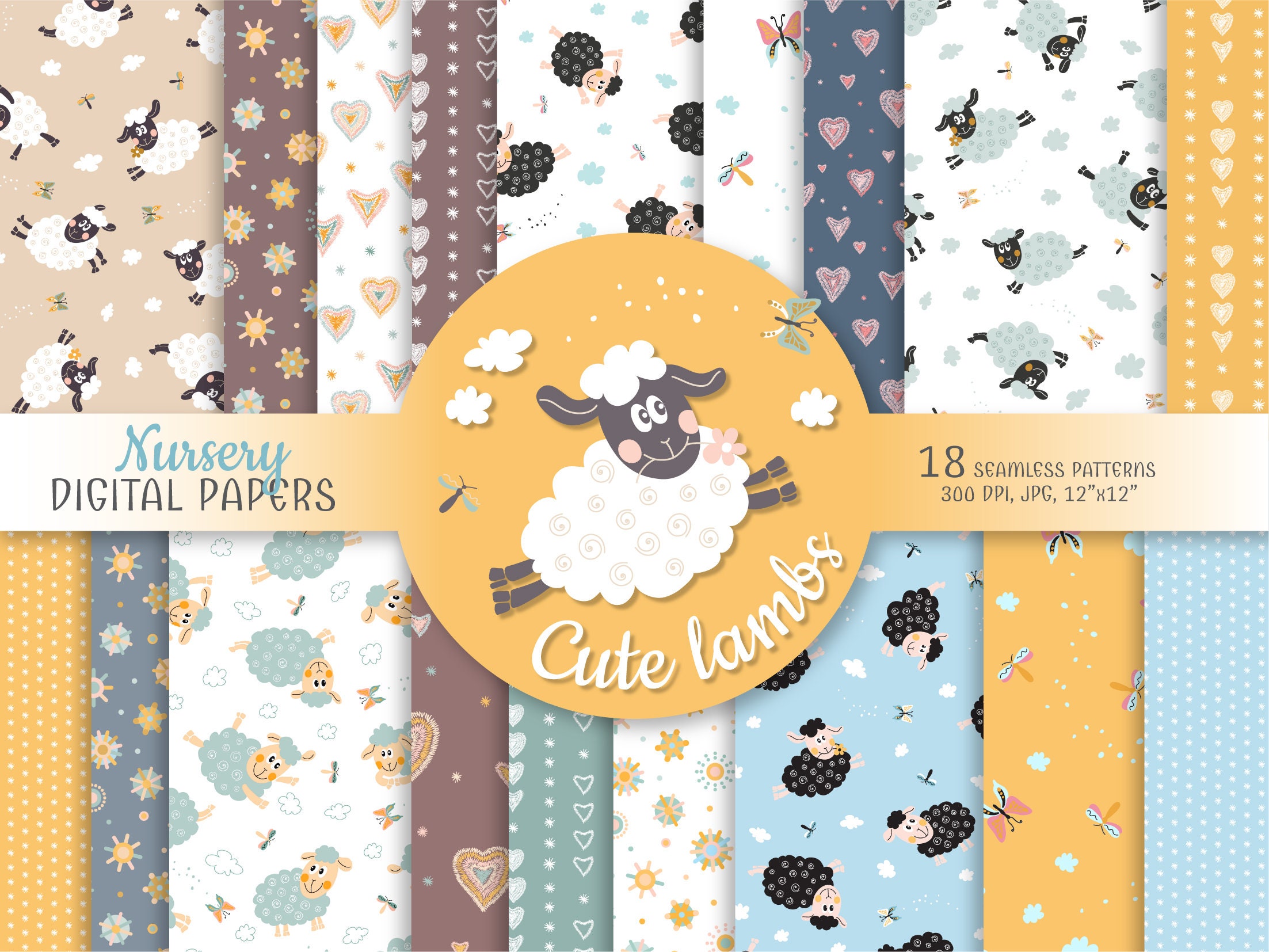 Cute Lambs Digital Papers Nursery Seamless Patterns Baby | Etsy