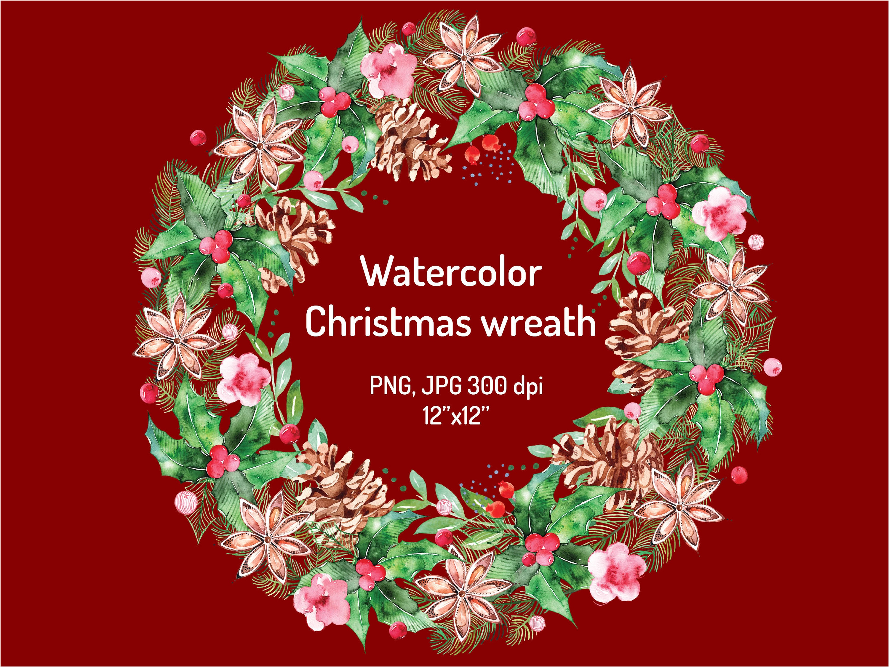 Watercolor Christmas Wreath Christmas Wreath Clipart | Etsy