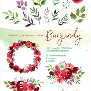 Watercolor Burgundy Floral Clipart Set | Watercolour Deep Red Flowers ...