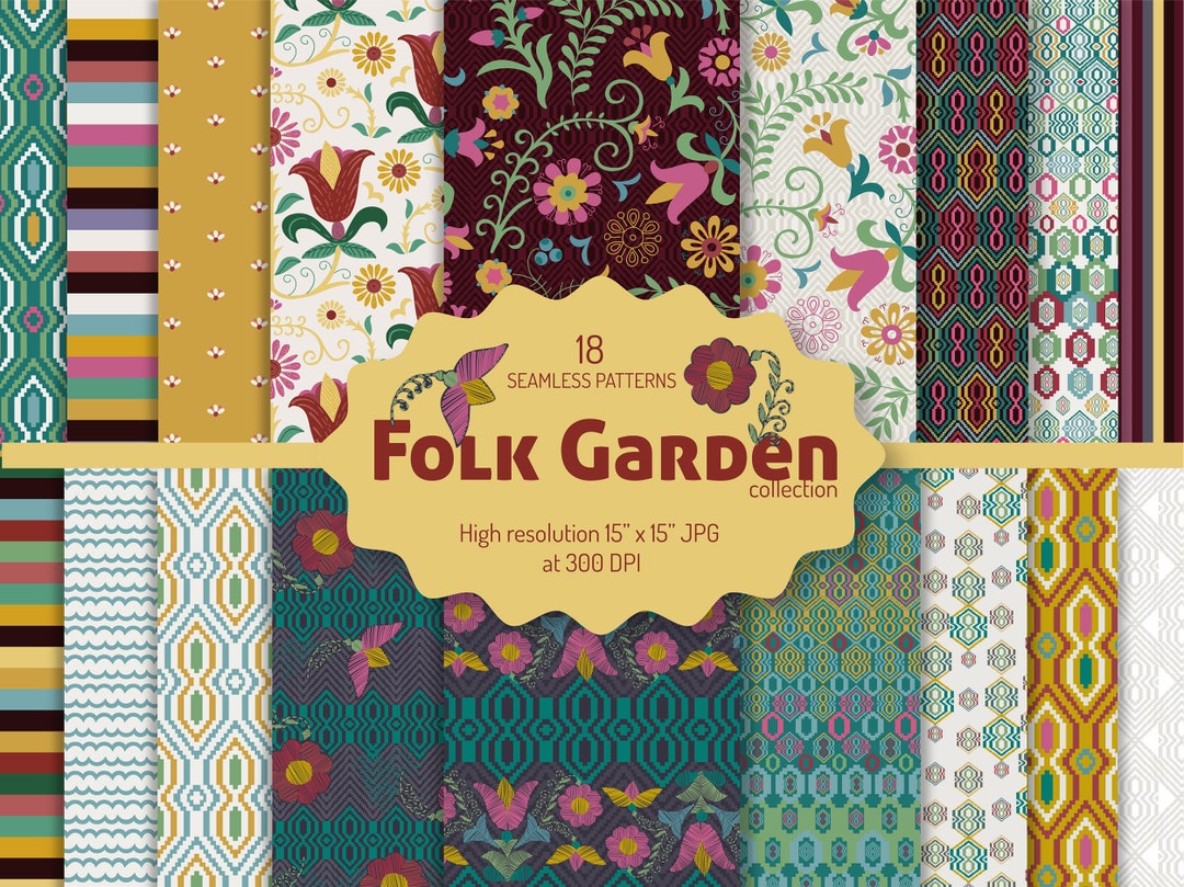 Folk Art Digital Papers | Floral Garden Scrapbooking | Seamless Pattern ...