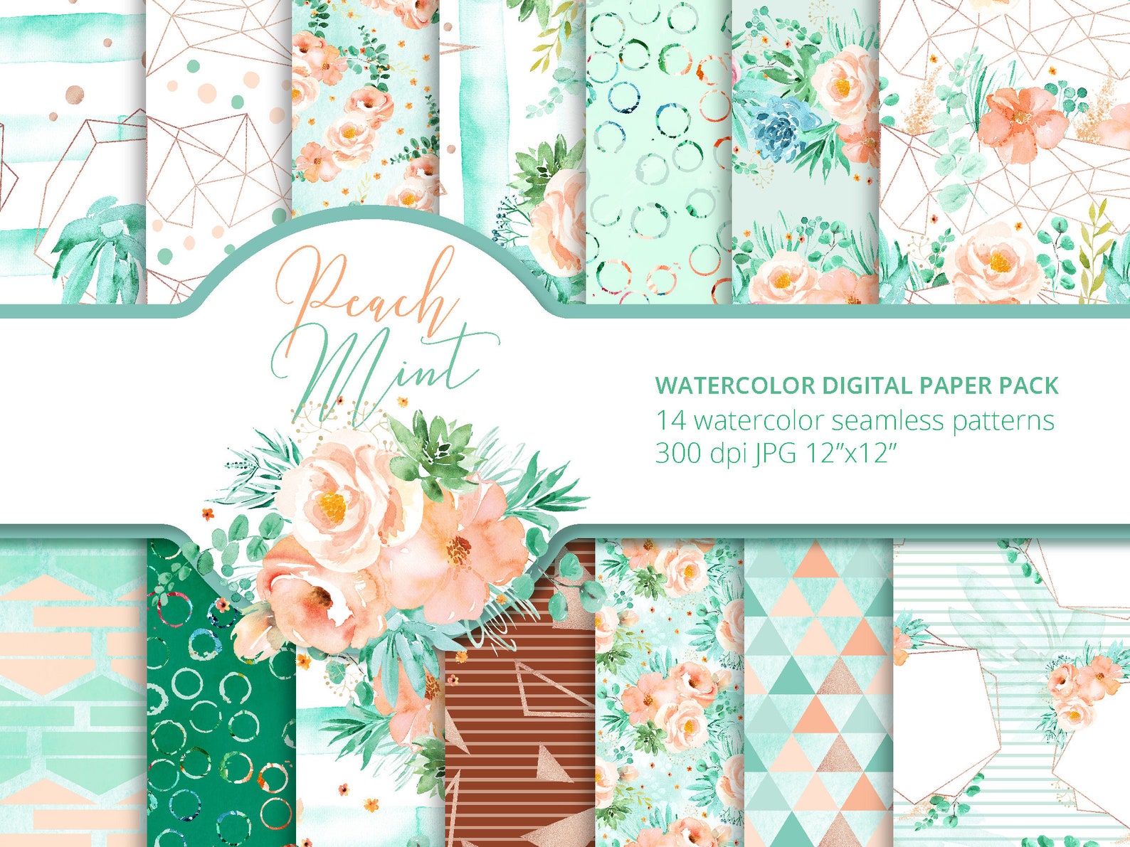 Watercolor Peach Mint Digital Paper Pack Flowers Seamless - Etsy