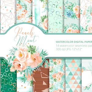 Watercolor Peach Mint Digital Paper Pack Flowers Seamless Patterns ...