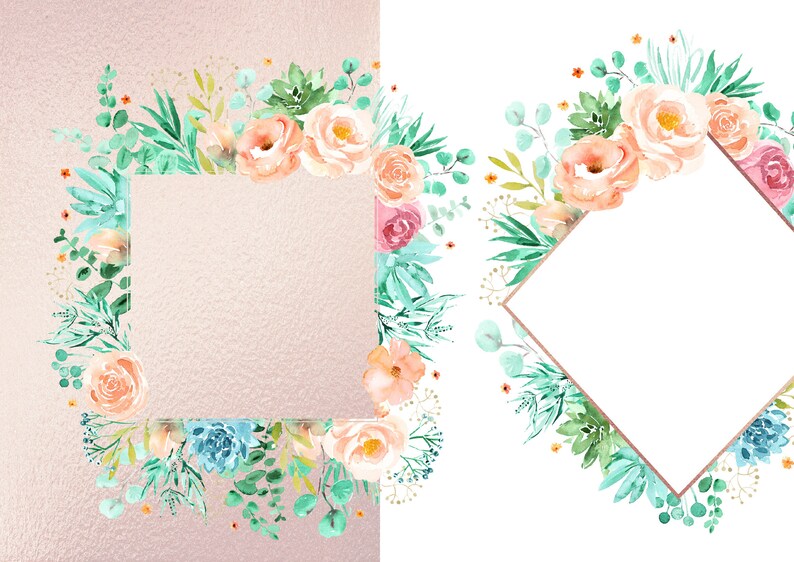Peach Mint Floral Geometric Frames Premade Clipart Pink - Etsy