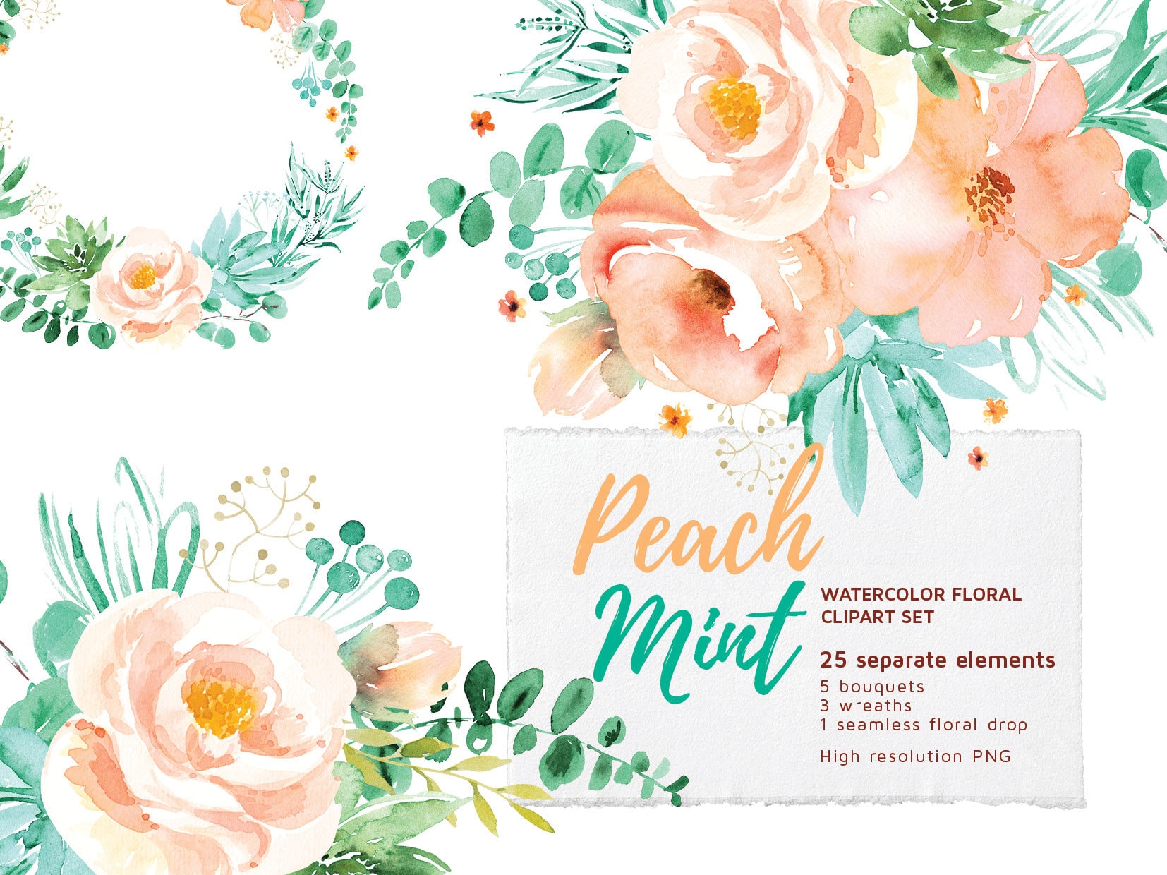 Peach Mint Floral Clipart Set Watercolor Flowers Clip Art | Etsy
