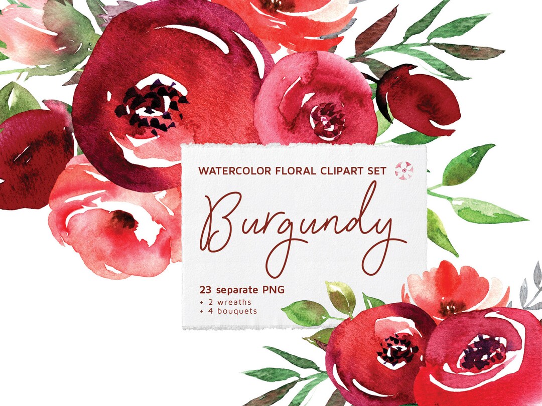 Watercolor Burgundy Floral Clipart Set | Watercolour Deep Red Flowers ...