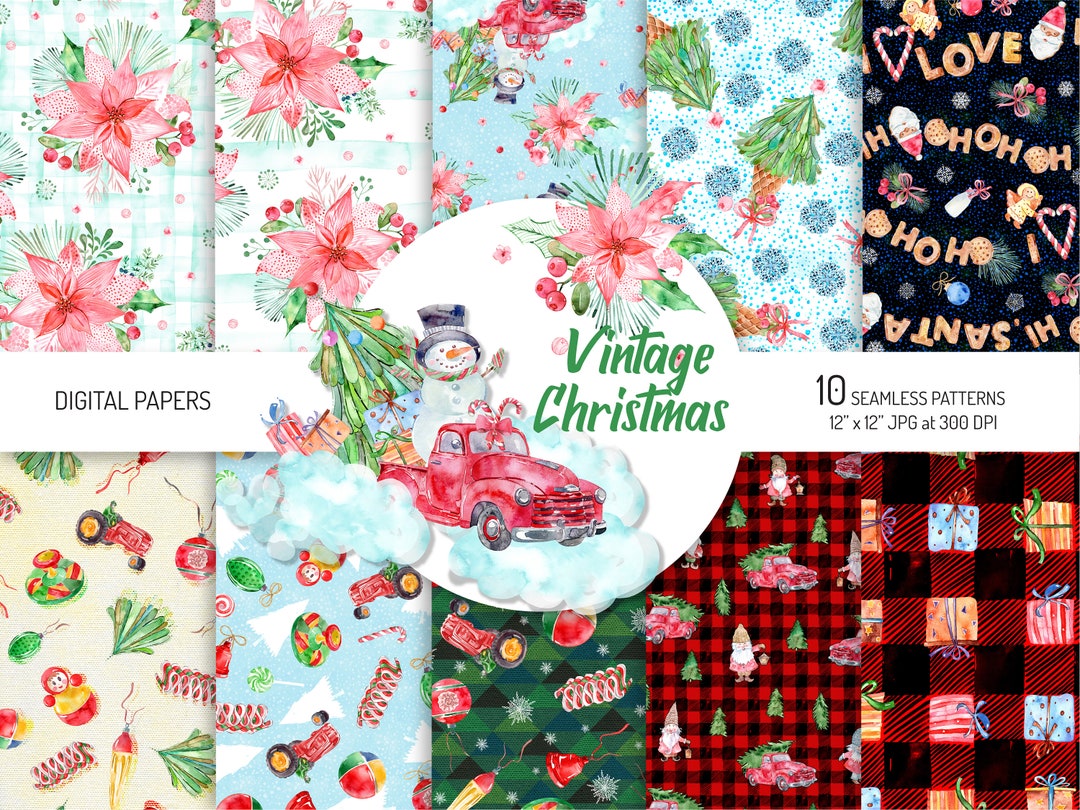 Vintage Christmas Digital Paper Pack | Watercolor Holiday Seamless ...