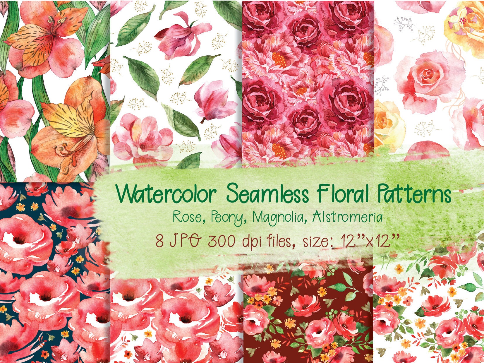 Seamless Patterns and Digital Backgrounds collection Watercolor flowers ...