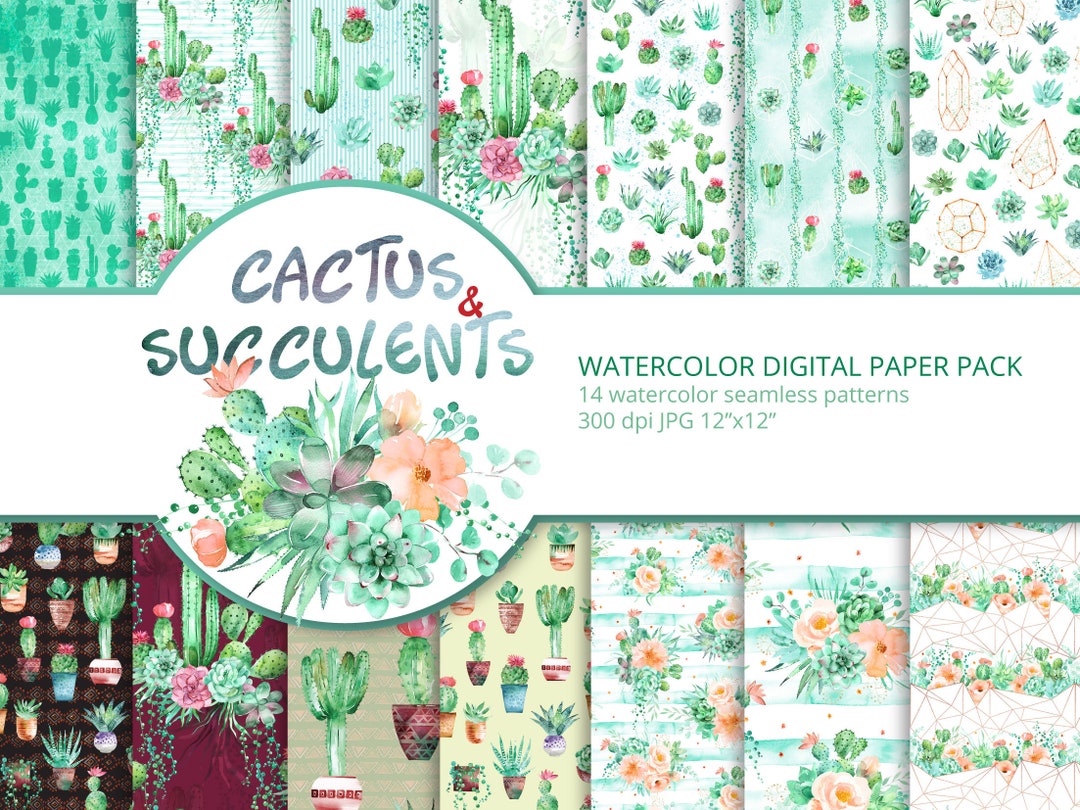 Watercolor Cactus Succulents Digital Paper Pack | Flowers Seamless ...