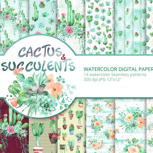 Watercolor Cactus Succulents Digital Paper Pack Flowers | Etsy