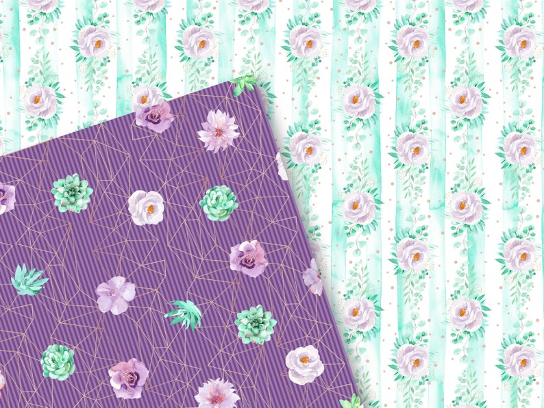 Watercolor Mint Lavender Digital Paper Flowers Seamless | Etsy