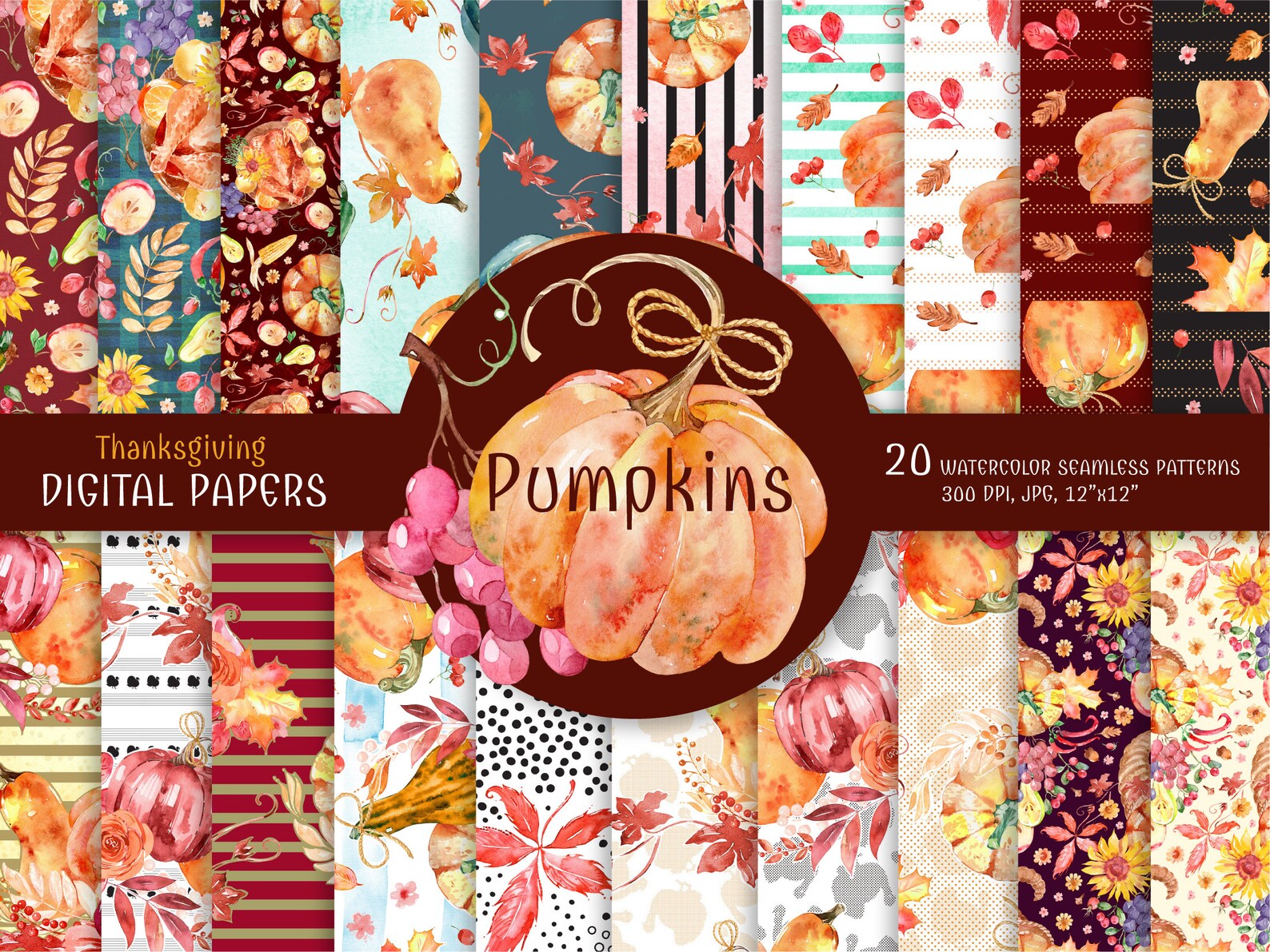 SEAMLESS Watercolor Thanksgiving Digital Paper Pack Pumpkin - Etsy