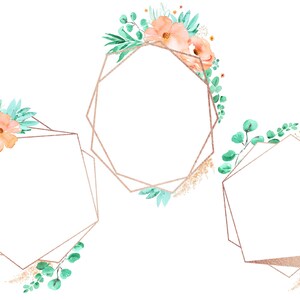 Peach Mint Floral Geometric Frames | Premade Clipart | Pink Emerald ...