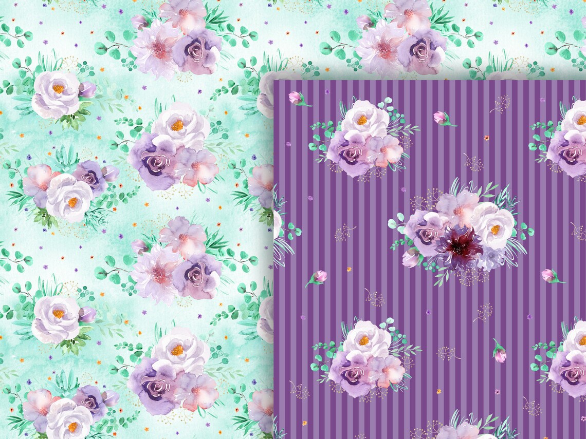 Watercolor Mint Lavender Digital Paper Flowers Seamless - Etsy
