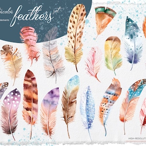 Colourful Feathers Clipart Set | Watercolor Clip Art Feathers | Boho ...
