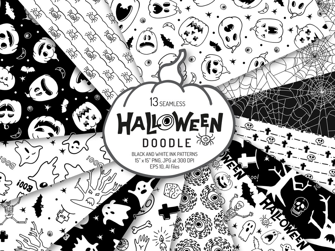 Halloween Digital Papers, Pumpkin Skulls Black & White Digital Paper ...