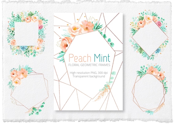 Peach Mint Floral Geometric Frames Premade Clipart Pink - Etsy
