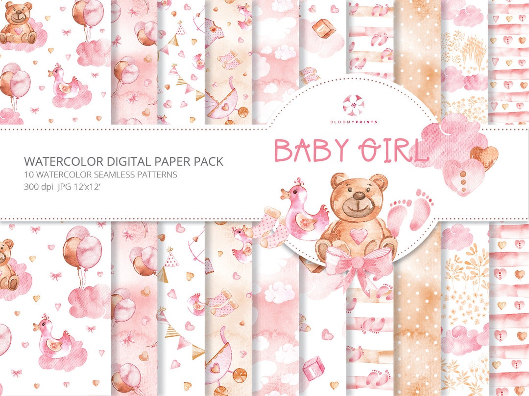 Baby Girl Digital Papers | Watercolor Seamless Pattern | Hand Drawn ...