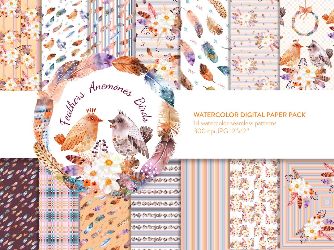 Watercolor Feathers Digital Paper Pack | Flowers Seamless Patterns ...