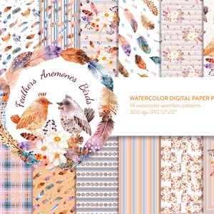 Watercolor Feathers Digital Paper Pack | Flowers Seamless Patterns ...