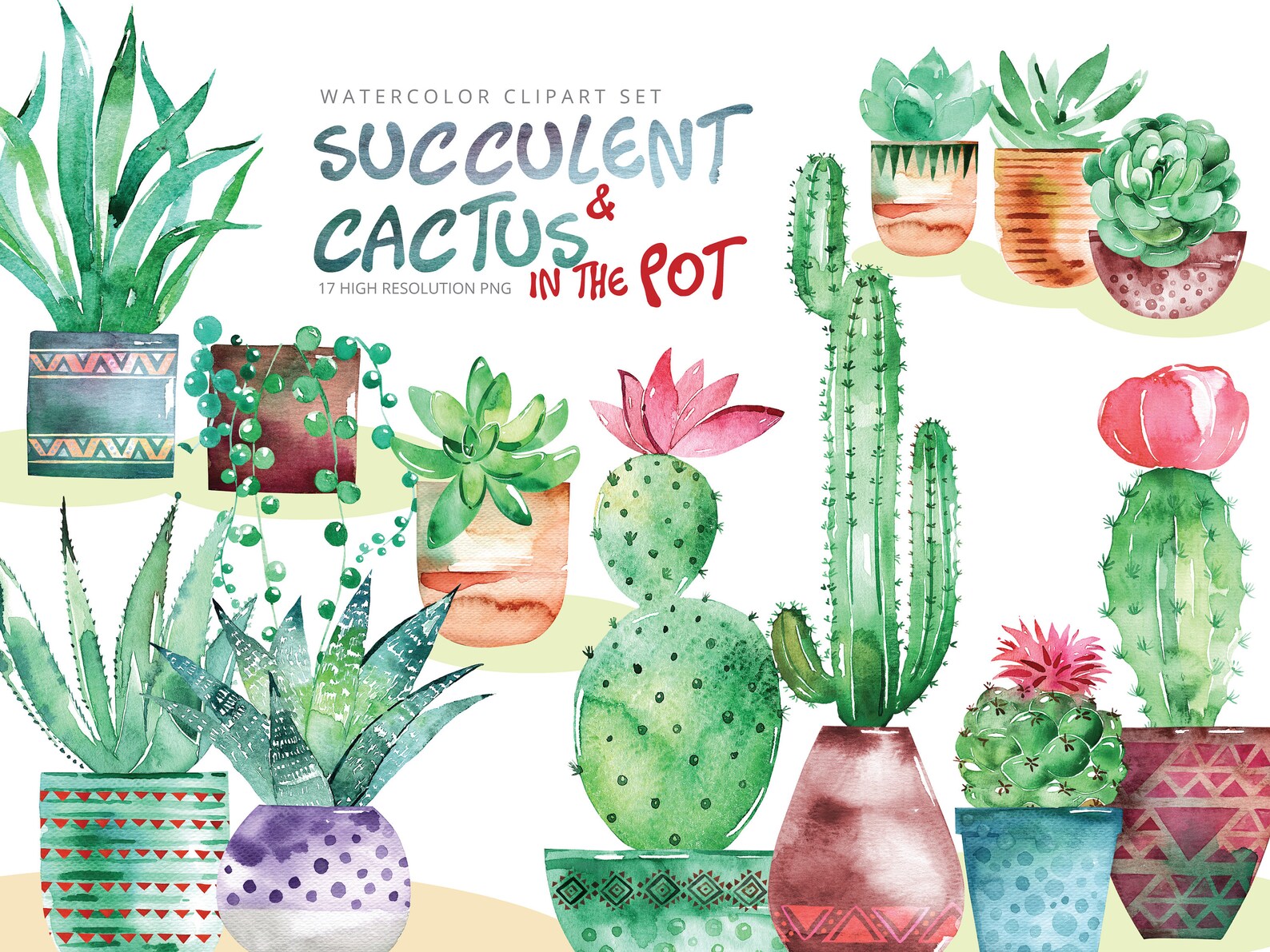 Succulent Cactus With Pots Clipart Set Watercolor Clip Art | Etsy