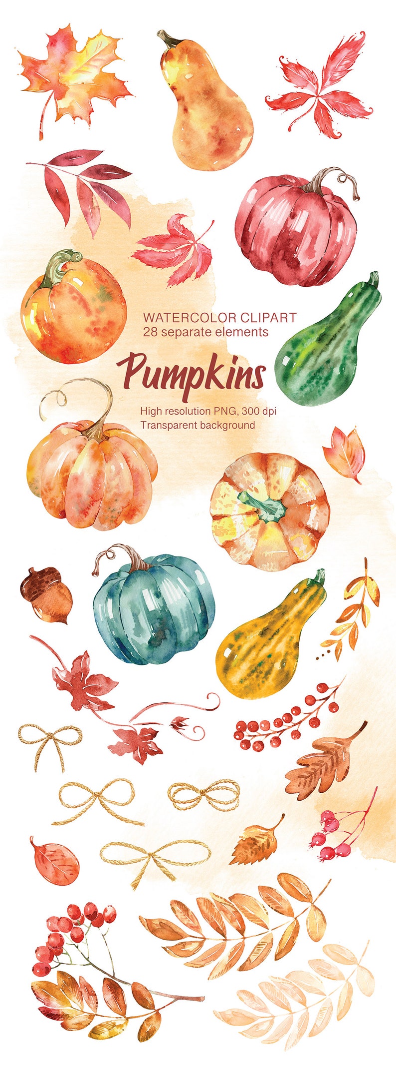 Watercolor Pumpkin Clipart Set Autumn Clip Art Hand | Etsy