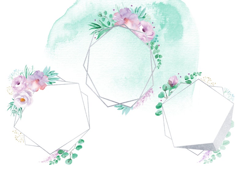 Mint Lavender Floral Geometric Silver Frames, Premade Clipart, Instant ...