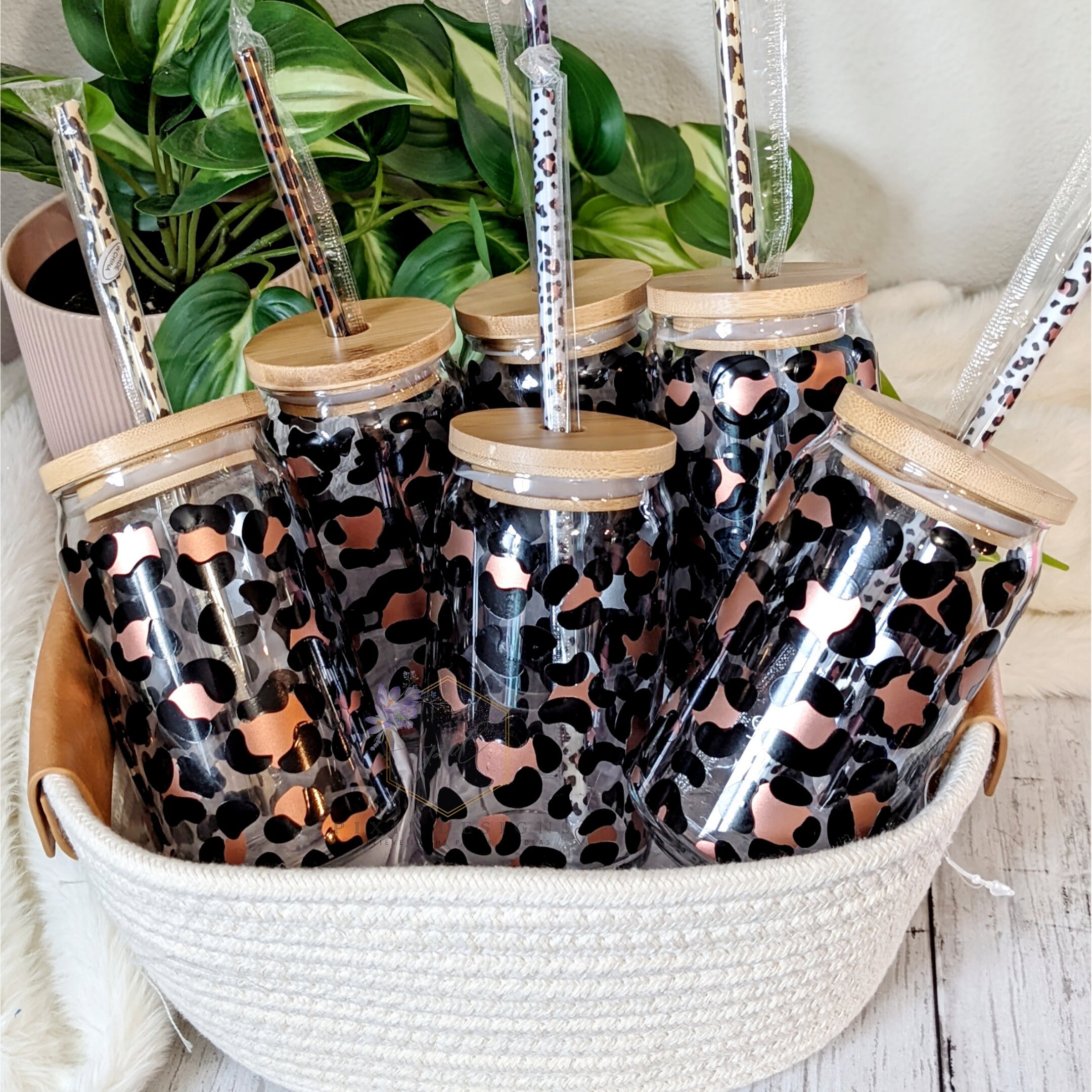 Leopard Beer Can Glass 16oz Glass Cup With Lid and Straw - Etsy