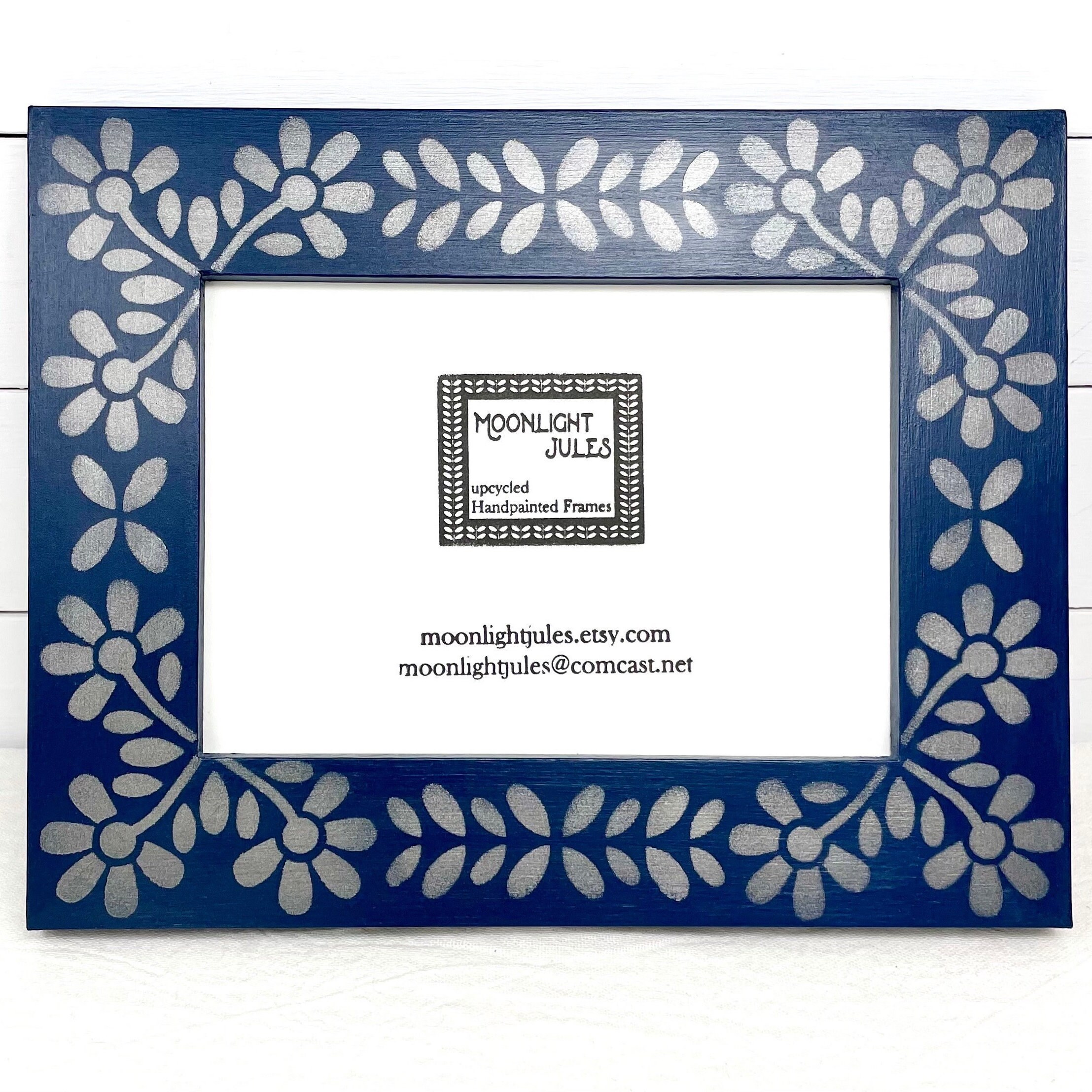 Dark Blue 5x7 Picture Frame With Silver Scandinavian Folk Art Flower ...